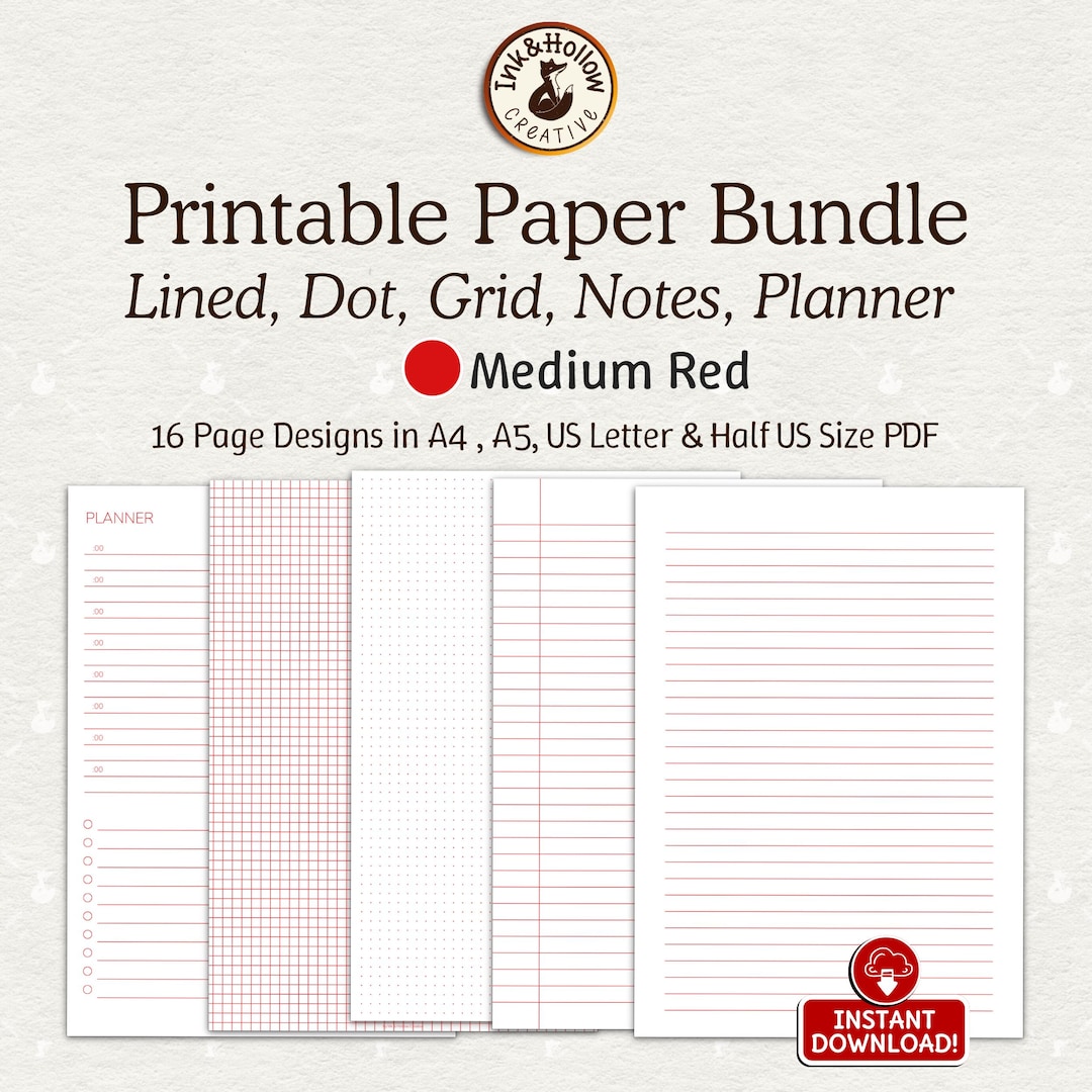 Red Blank Lined Printable Ruled Paper Pack, Note Taking Pages ...