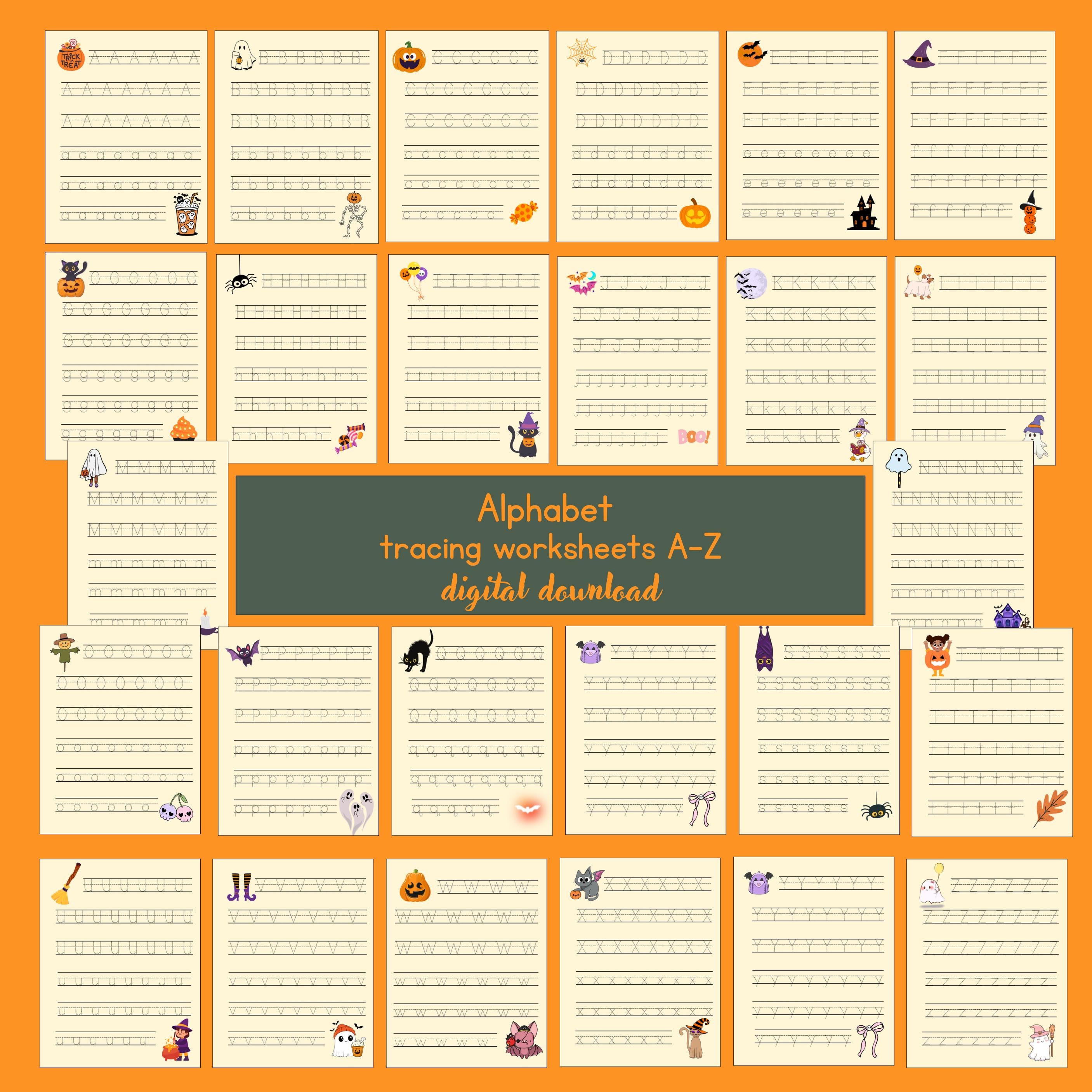 Halloween Fall Alphabet Tracing Worksheets Printable A-Z Letters Kids ...