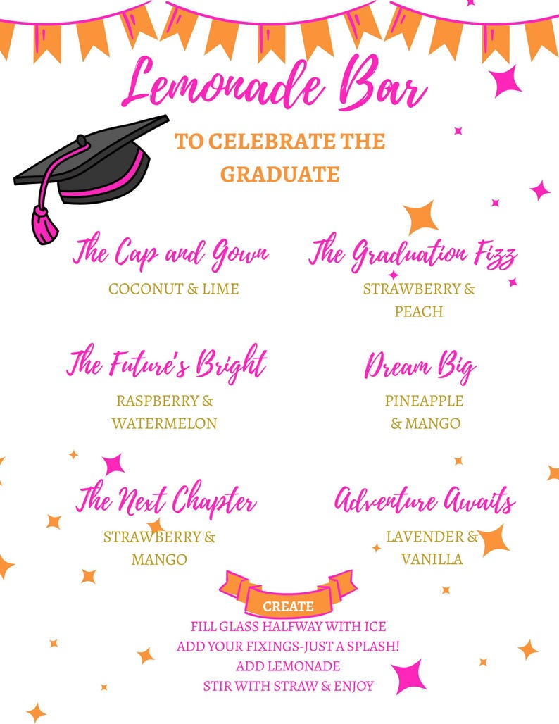 Graduation Soda Bar & Lemonade Menu Printable | Hot Pink and Orange ...