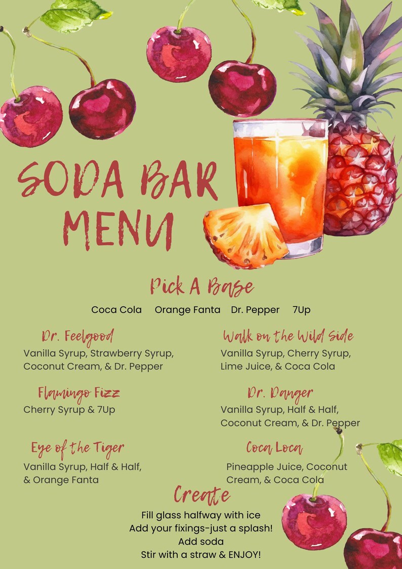 Tropical Soda Bar Menu | 4 Color Options | Beach Party Theme| Digital ...