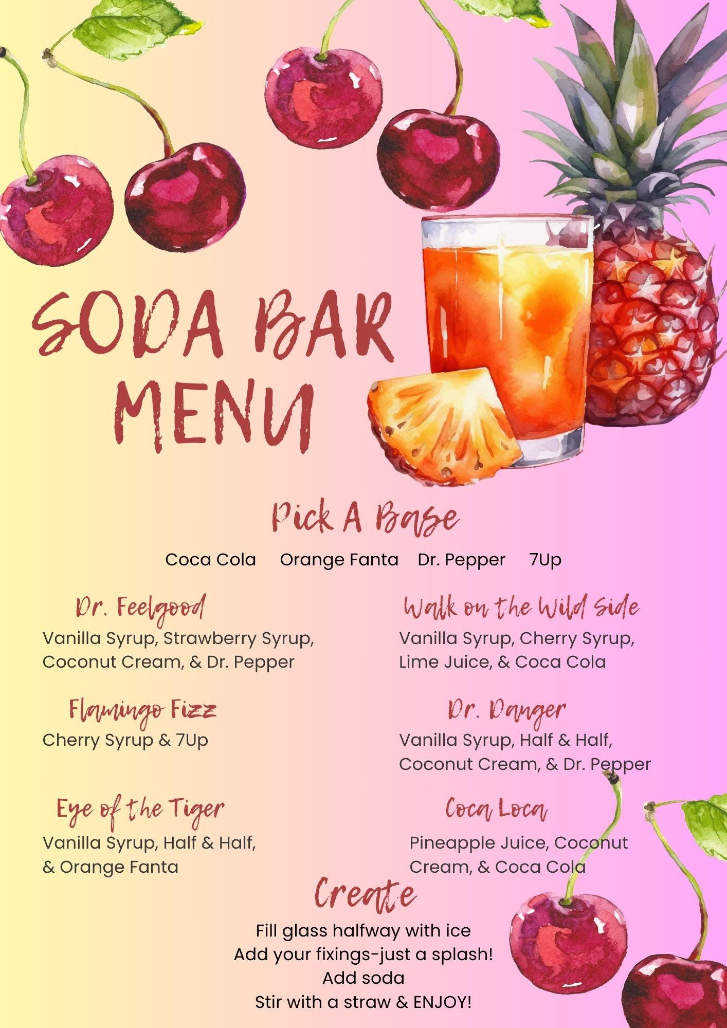 Tropical Soda Bar Menu | 4 Color Options | Beach Party Theme| Digital ...