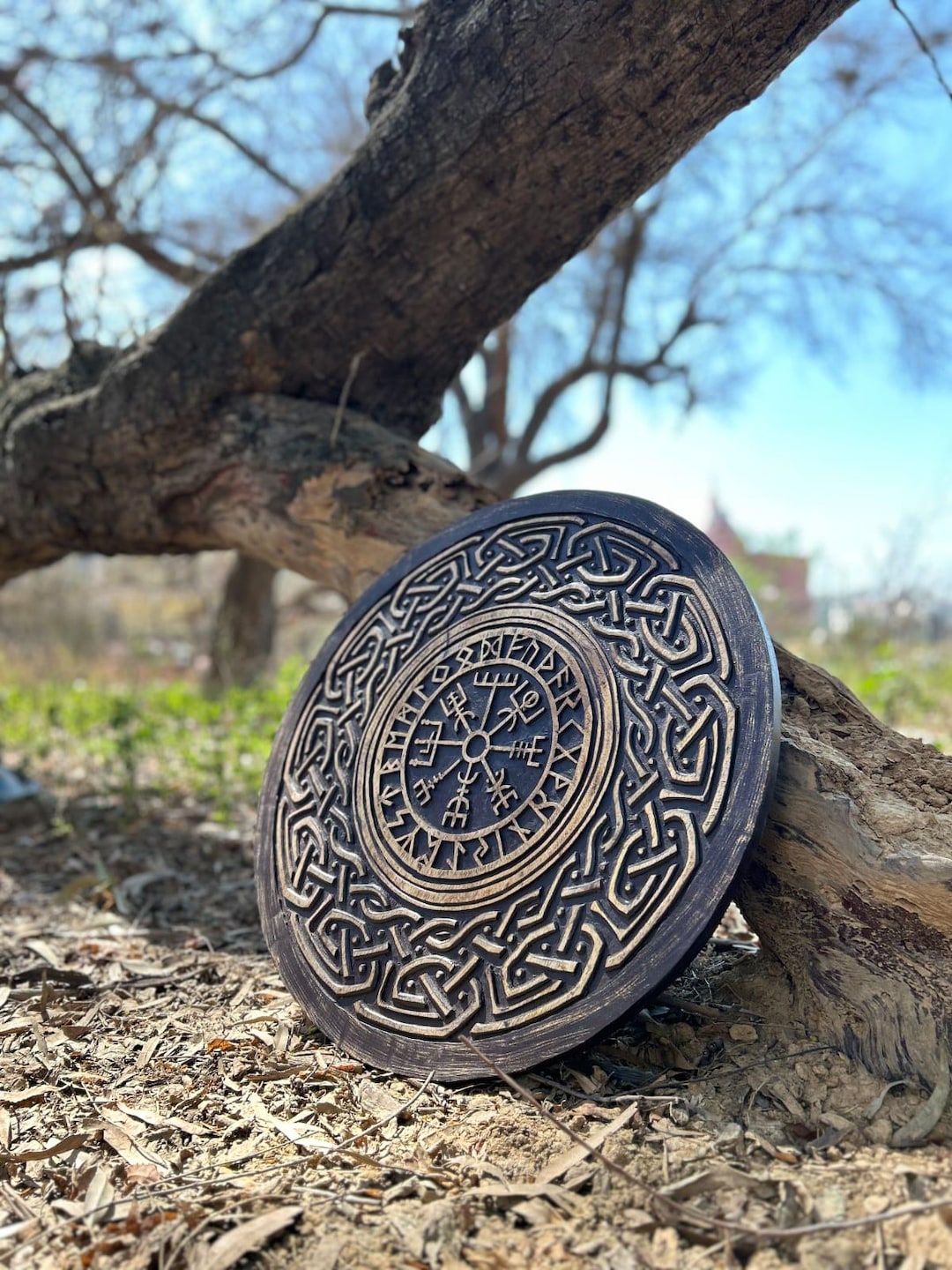 Handmade Viking Shield: Runic Helm of Awe, Celtic Knot Wood Wall Art - Etsy