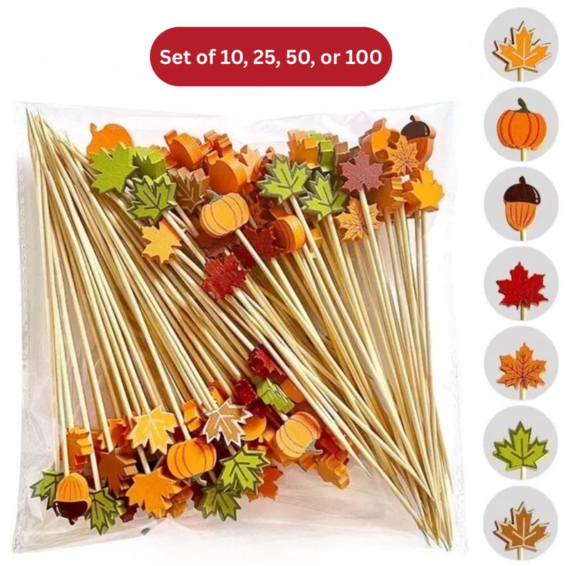 Fall Cocktail Picks, Thanksgiving Bamboo Toothpicks With Leaf & Pumpkin ...