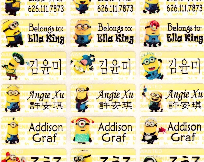 72 MINIONS Custom Waterproof Name Labels-school,daycare,nursery,sippy ...