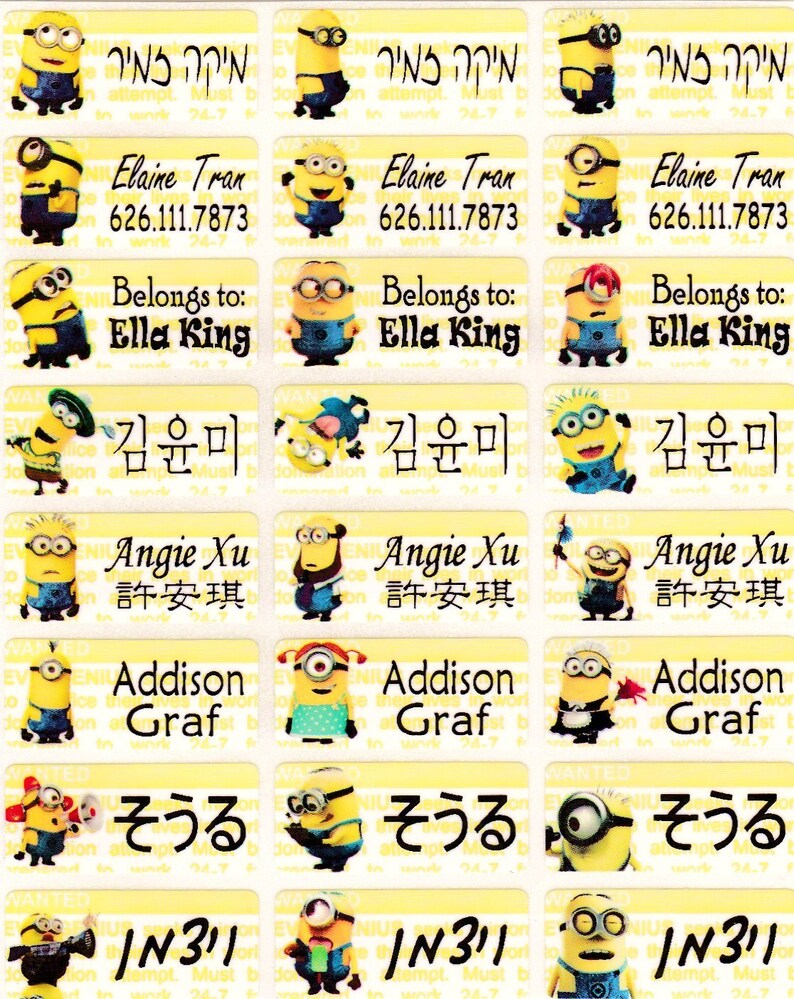 72 MINIONS Custom Waterproof Name Labels-school,daycare,nursery,sippy ...