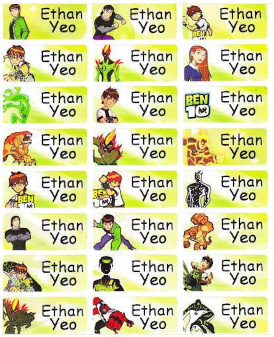 72 BEN 10 Custom Waterproof Name Labels-school,daycare,nursery,sippy ...