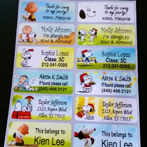 40 SNOOPY Custom Waterproof Name Labels-school,daycare,sippy Cup,lunch ...