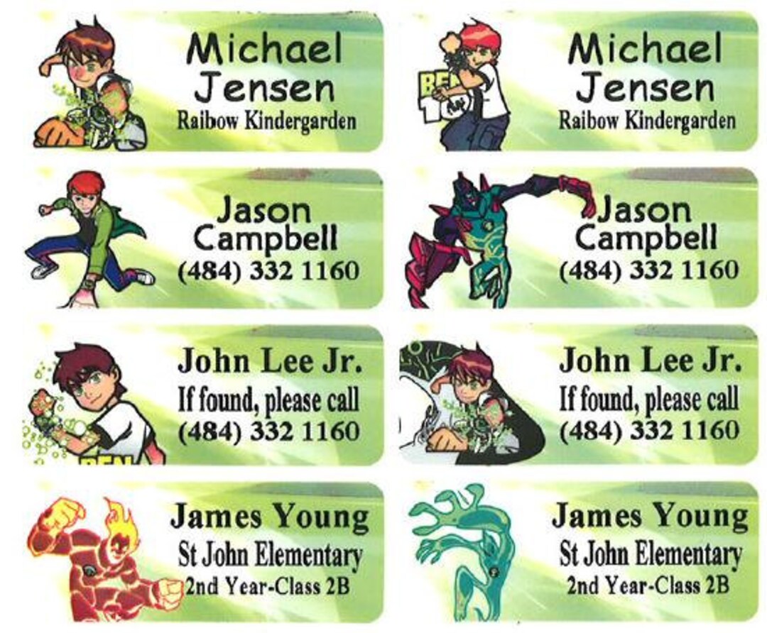 40 BEN 10 Custom Waterproof Name Labels-school,daycare,nursery,sippy ...