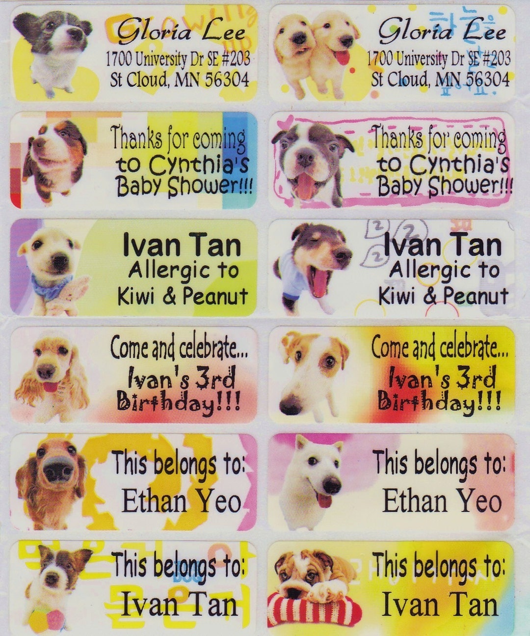 40 CUTE DOGGIE Custom Vinyl Name Labels-school,daycare,envelope Seal ...