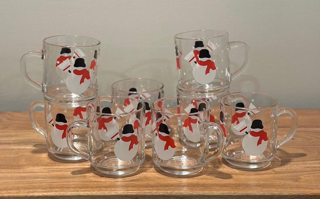 Vintage Luminarc Snowman Glass Mugs Winter Theme Holiday Set of 8 - Etsy