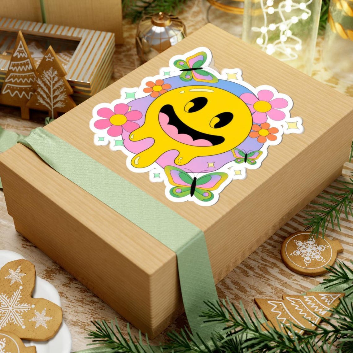 Colorflow | Drippy Smiley Face Sticker With Butterflies & Flowers ...
