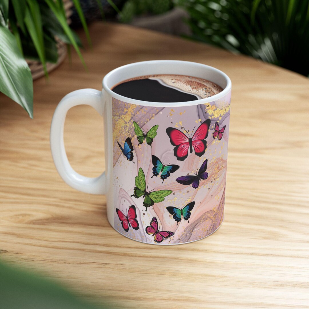 Colorflow | Pink Marble Butterfly Mug | 15 Oz Ceramic Coffee Cup ...
