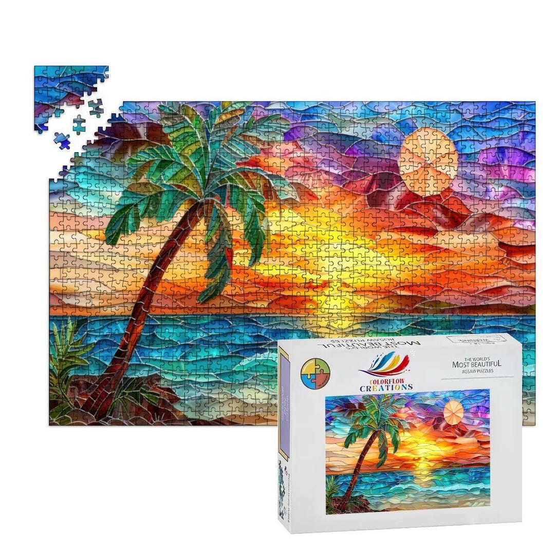 Colorflow | 1000 Piece Sunset Puzzle Tropical Beach Scene Stained Glass ...