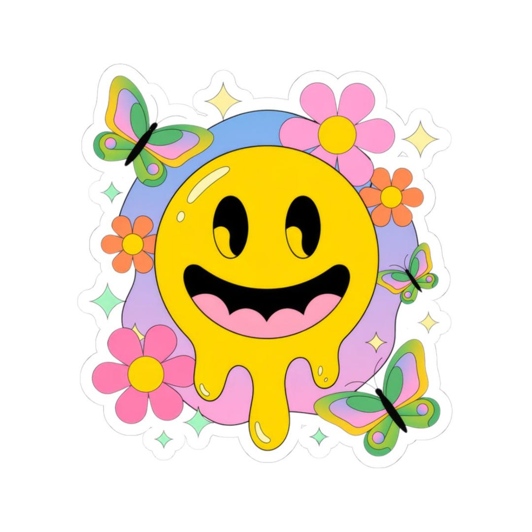 Colorflow | Drippy Smiley Face Sticker With Butterflies & Flowers ...