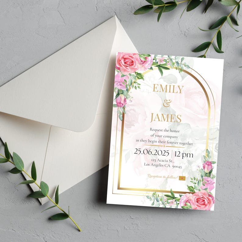 Editable Wedding Invitation Template – Floral Gold Arch Design – Canva ...