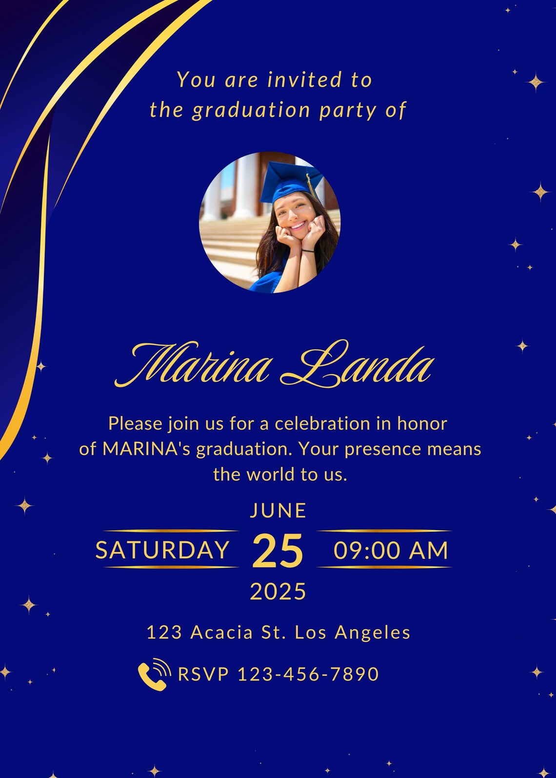 Editable Graduation Invitation Template – Class of 2025 – Blue & Gold ...