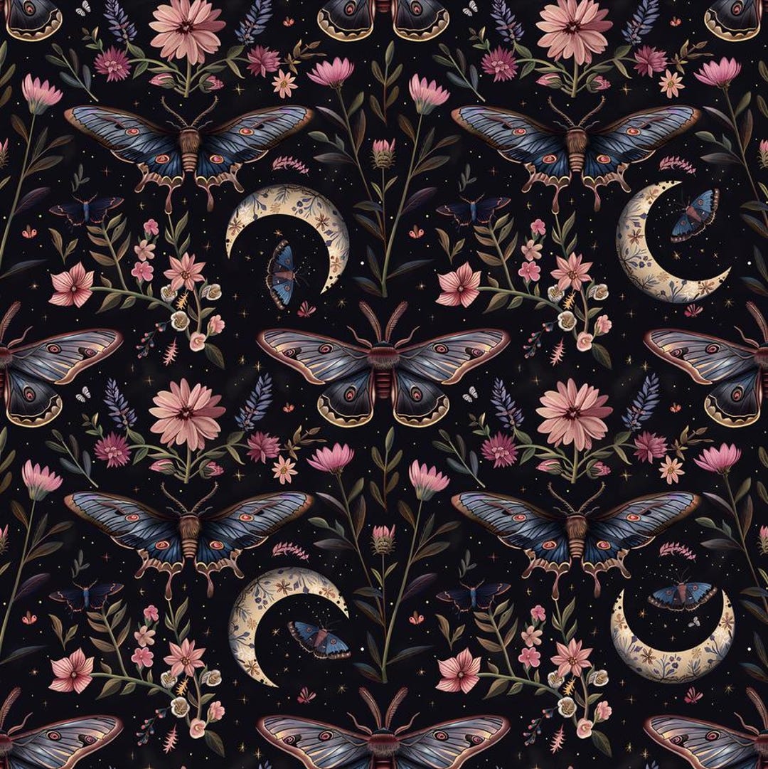Night Garden Fabric, Celestial Moth & Moon Floral Cotton Fabric, Dark ...