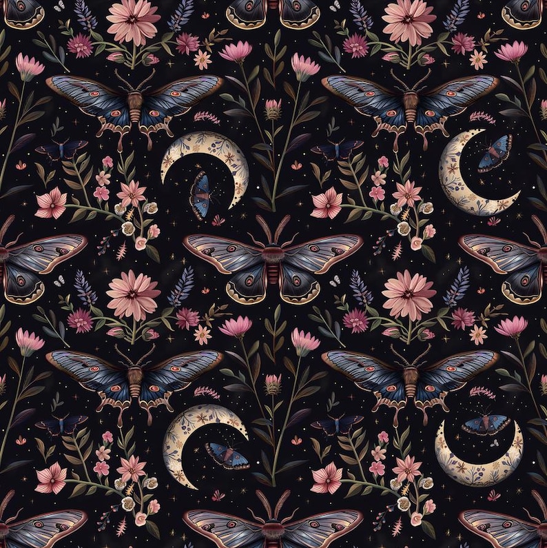Night Garden Fabric, Celestial Moth & Moon Floral Cotton Fabric, Dark ...