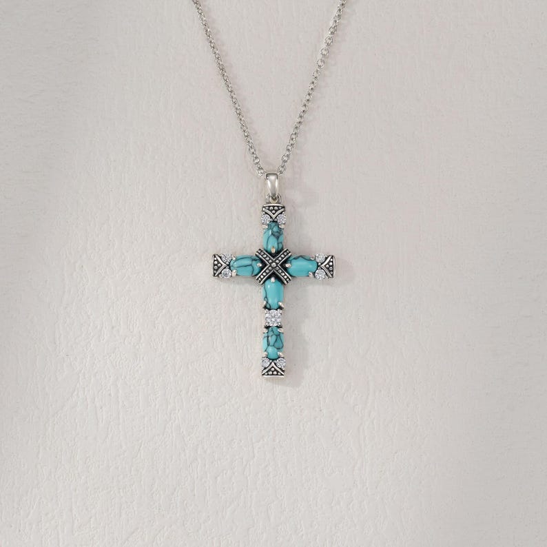 Turquoise Cross Necklace Sterling Silver, Christian Pendant for Women ...