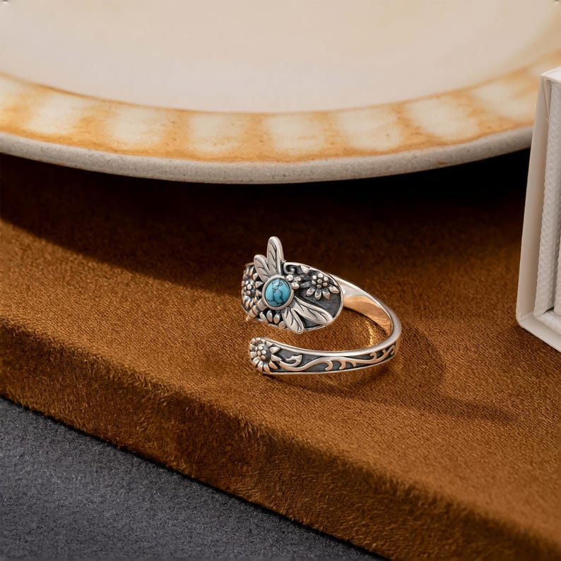 Sterling Silver Turquoise Feather Cuff Ring, Adjustable Wrap Spoon Ring ...