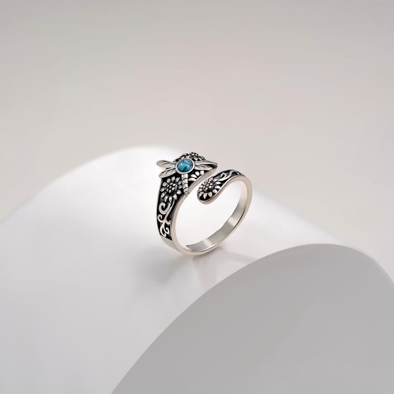 Sterling Silver Turquoise Feather Cuff Ring, Adjustable Wrap Spoon Ring ...