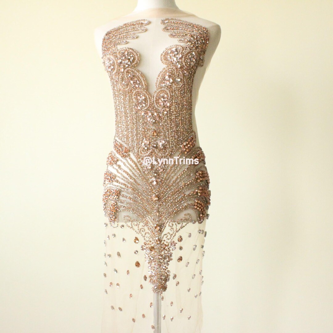 Large Sparkle Rose Gold Bodice Heavy Beaded Rhinestone Applique ...