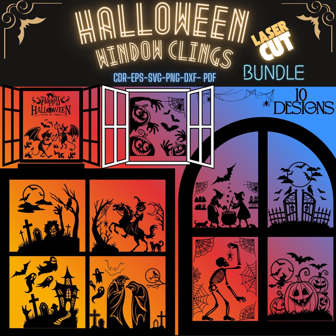 Halloween Window Clings SVG Bundle: Spooky Laser Cut Decals (digital ...