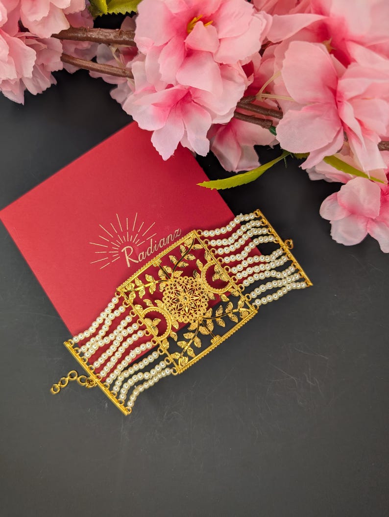 Stylish Gold Plated Pearl Mantasha ( Gold-plated Hand Chain With Pearls ...