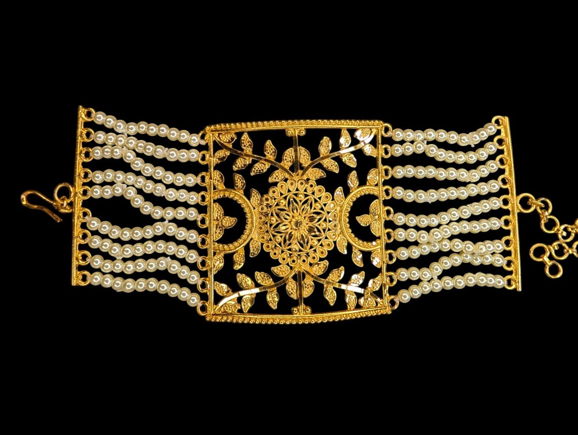 Stylish Gold Plated Pearl Mantasha ( Gold-plated Hand Chain With Pearls ...