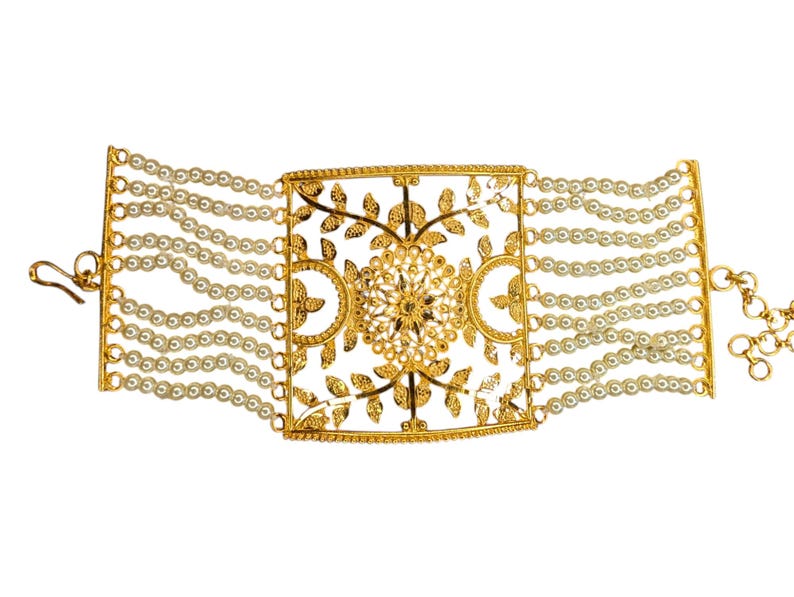 Stylish Gold Plated Pearl Mantasha ( Gold-plated Hand Chain With Pearls ...