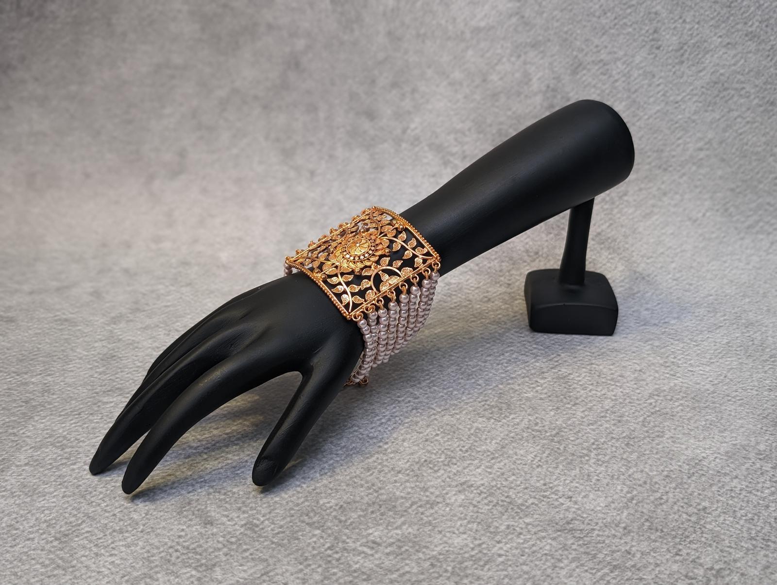 Stylish Gold Plated Pearl Mantasha ( Gold-plated Hand Chain With Pearls ...