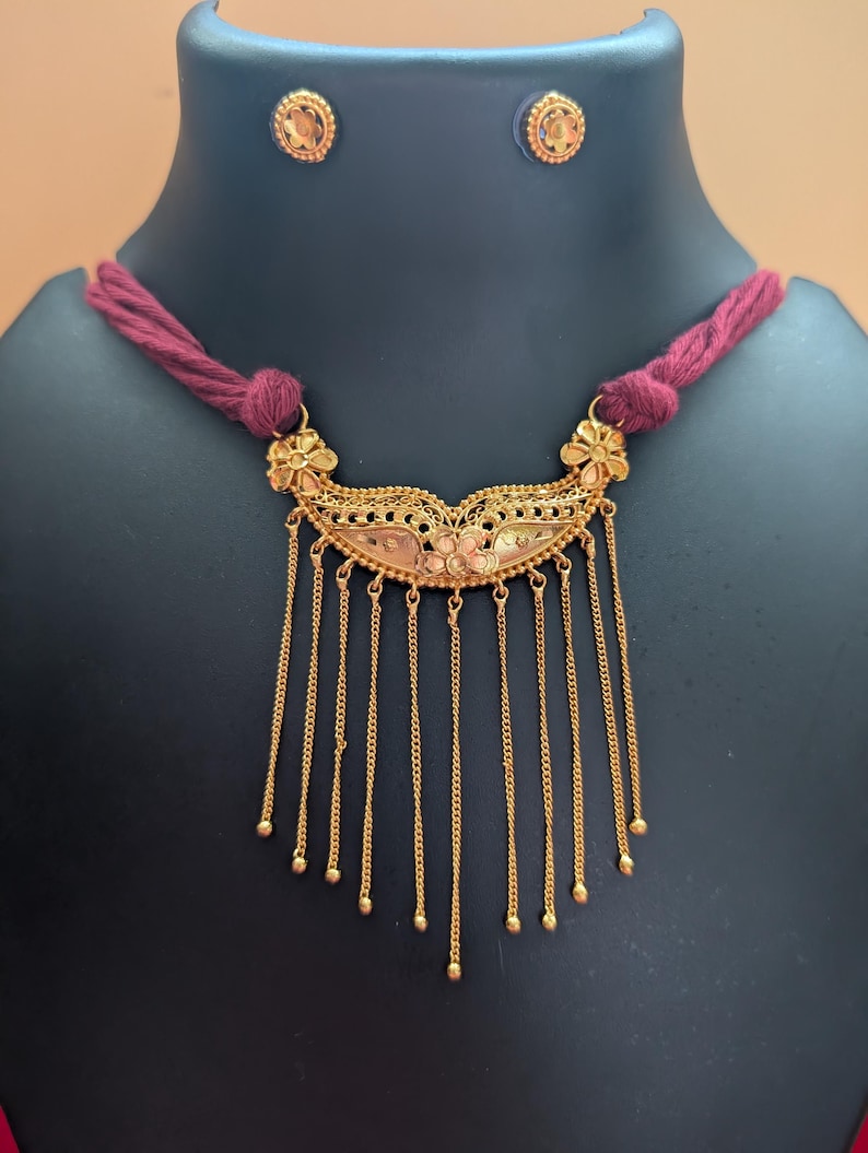 24K Gold Plated Filigree Necklace Set: Floral Pendant, Tassel Chains ...
