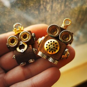 2PCS Handmade Steampunk Robot Pendant - Wooden Cyberpunk Charm ...