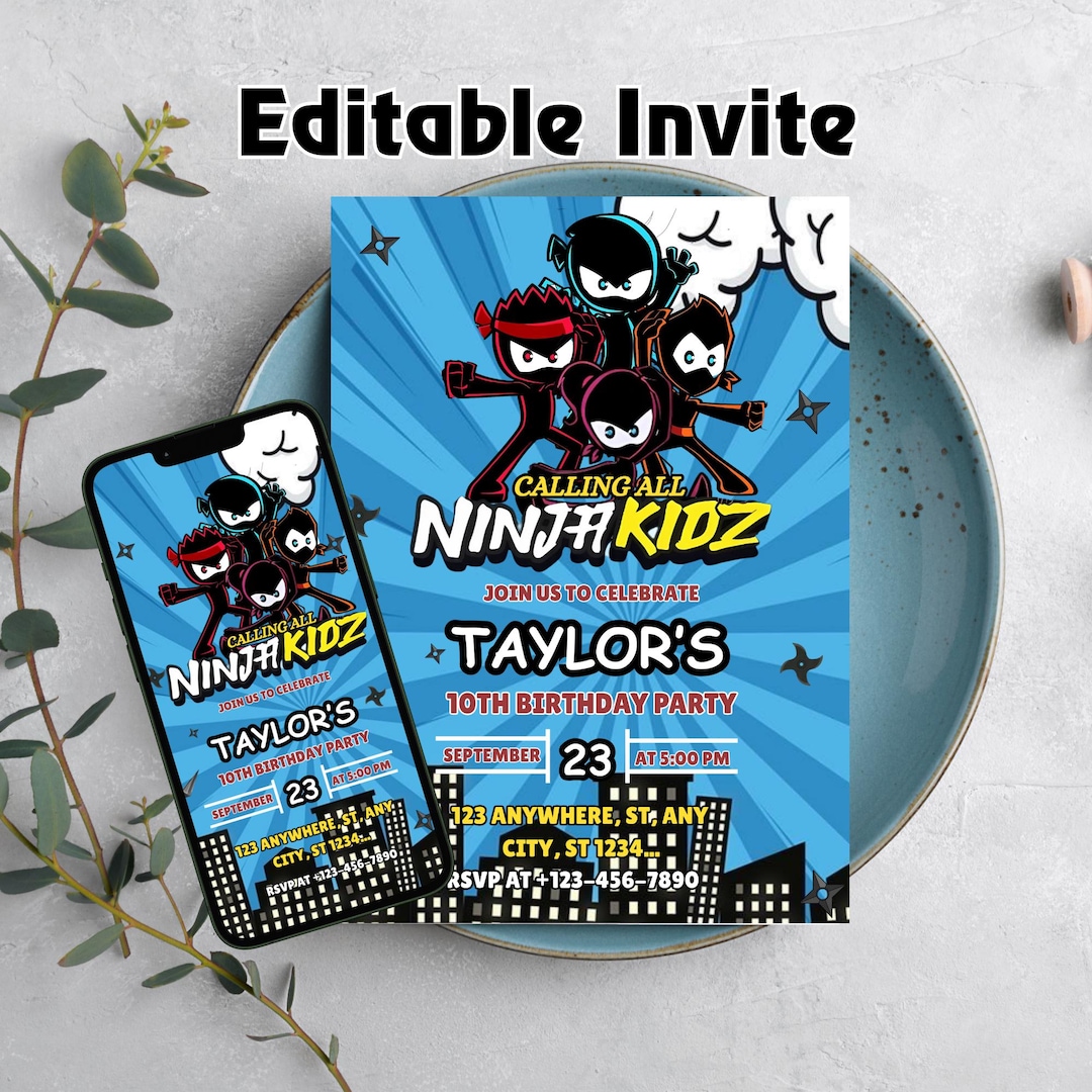 Ninja Kidz Birthday Invitation Editable Party Invite Instant Download