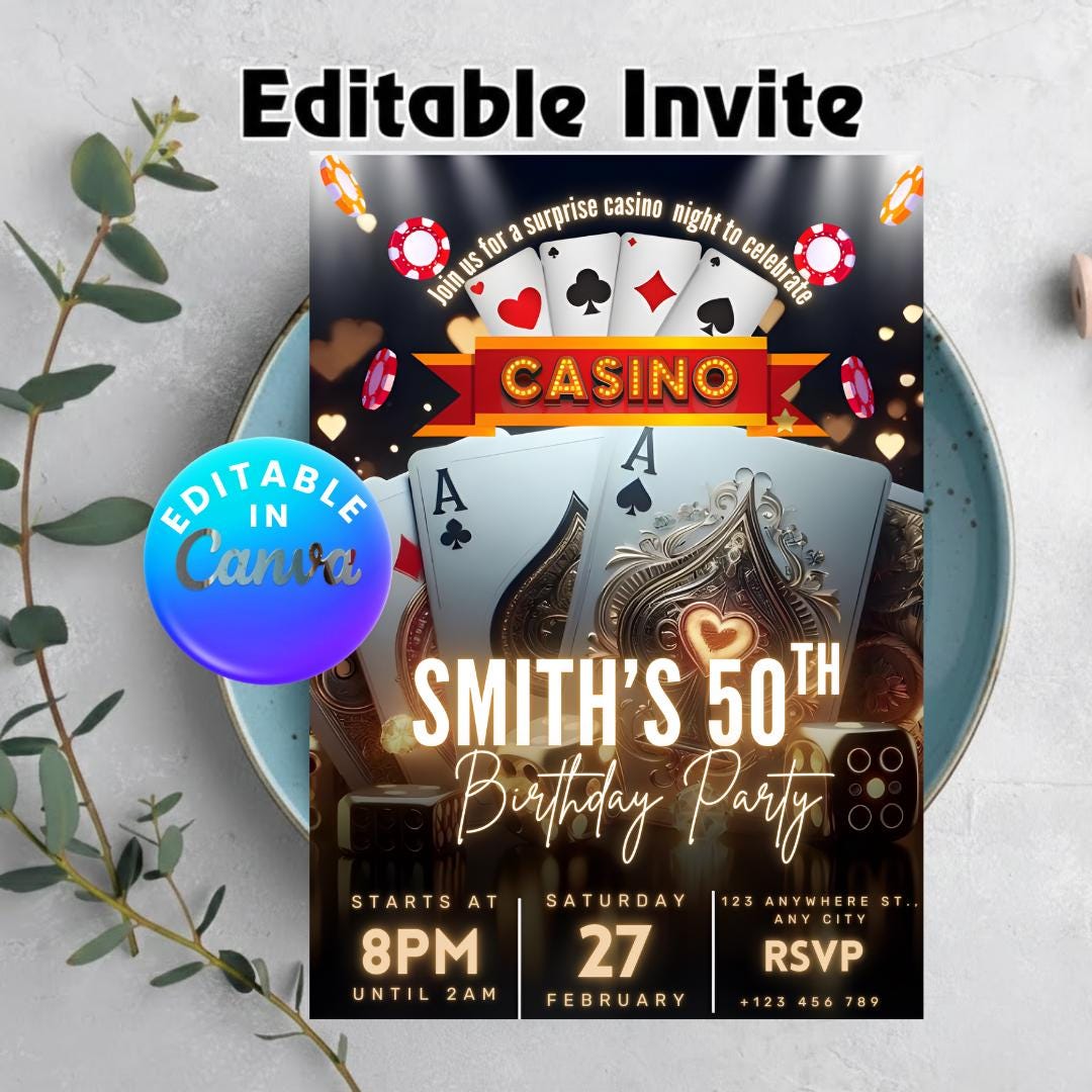 Casino Birthday Party Invitation, Poker Night Celebration Template ...
