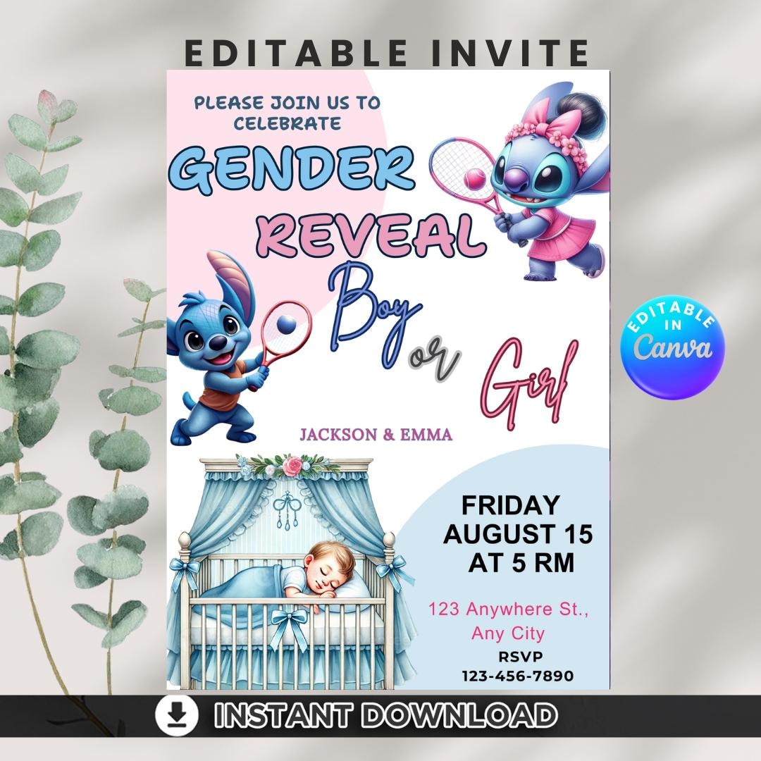 Lilo Stitch & Angel Gender Reveal Invitation Welome Baby Shower Diaper ...