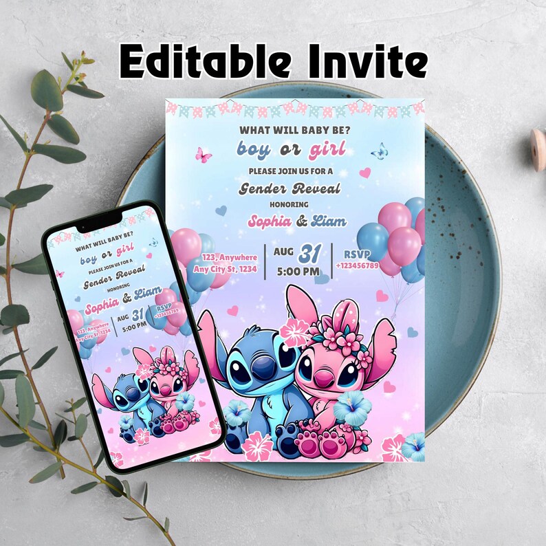 Lilo Stitch Boho Gender Reveal Party Invitation:pink & Blue Baby Shower ...