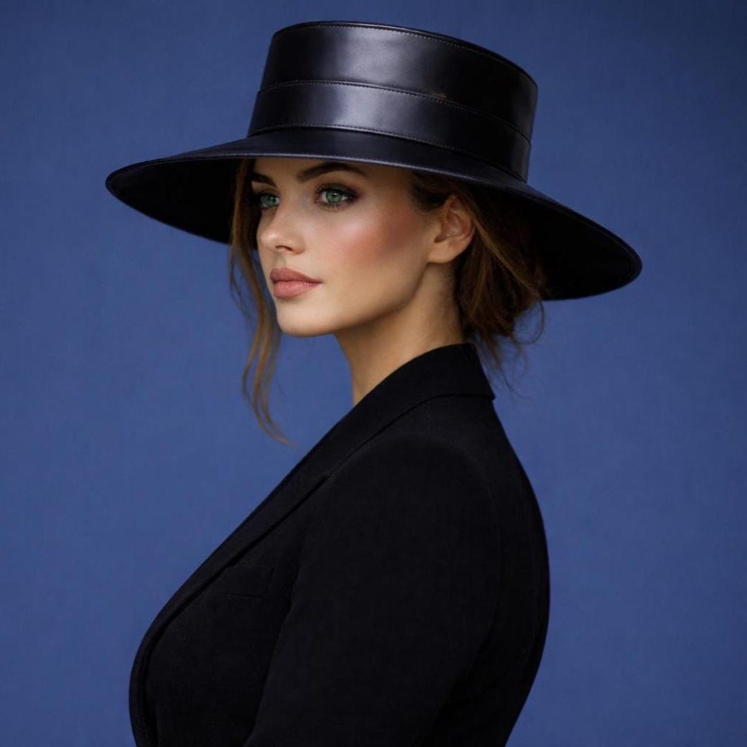 Elegant Black Leather Wide Brim Hat, Women’s Modern Fedora, Minimalist ...