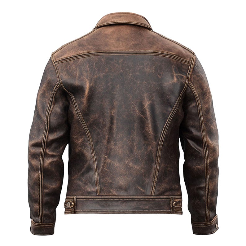 Mens Vintage Leather Trucker Jacket Flaps Slanted Pockets Denim Genuine ...