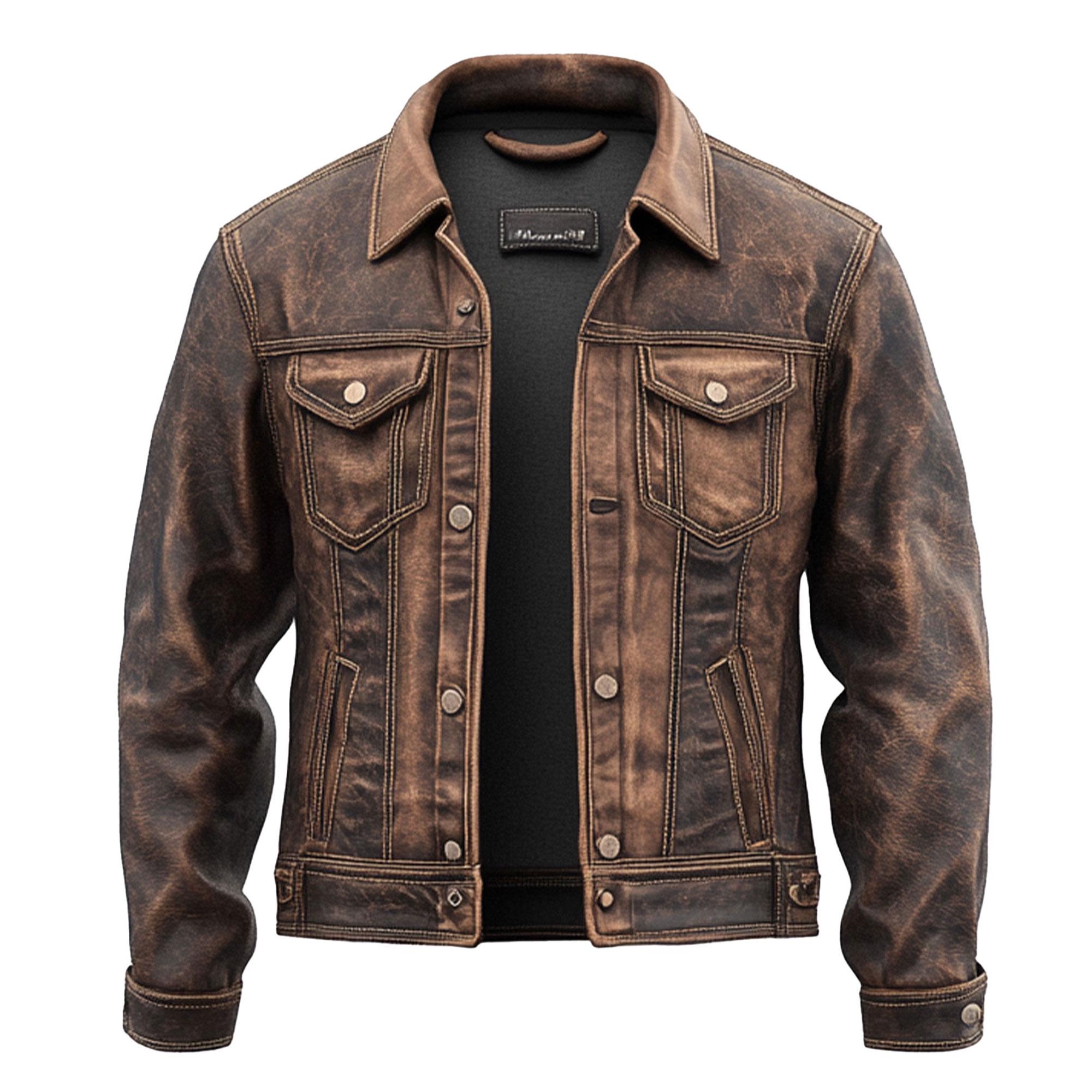 Mens Vintage Leather Trucker Jacket Flaps Slanted Pockets Denim Genuine ...