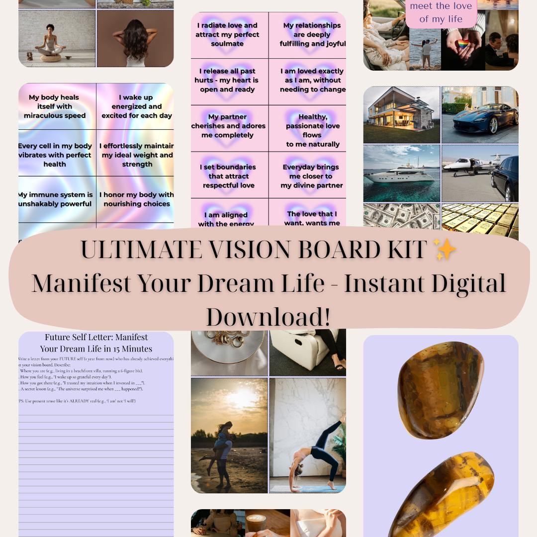 Dream Life Vision Board Kit - 60 Affirmations, 44 Images, Crystals ...