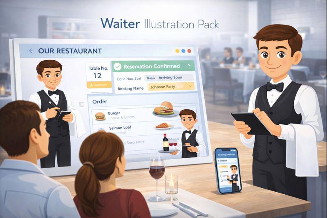 Waiter Illustration Pack - Etsy