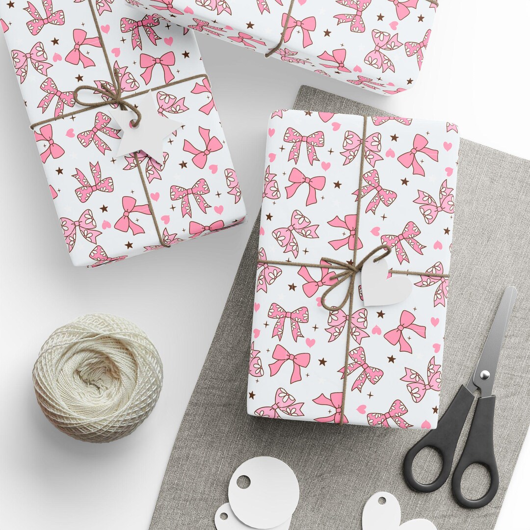 Pink Bow Wrapping Paper, Bow & Heart Design, Cute Gift Wrap, Girly Gift ...