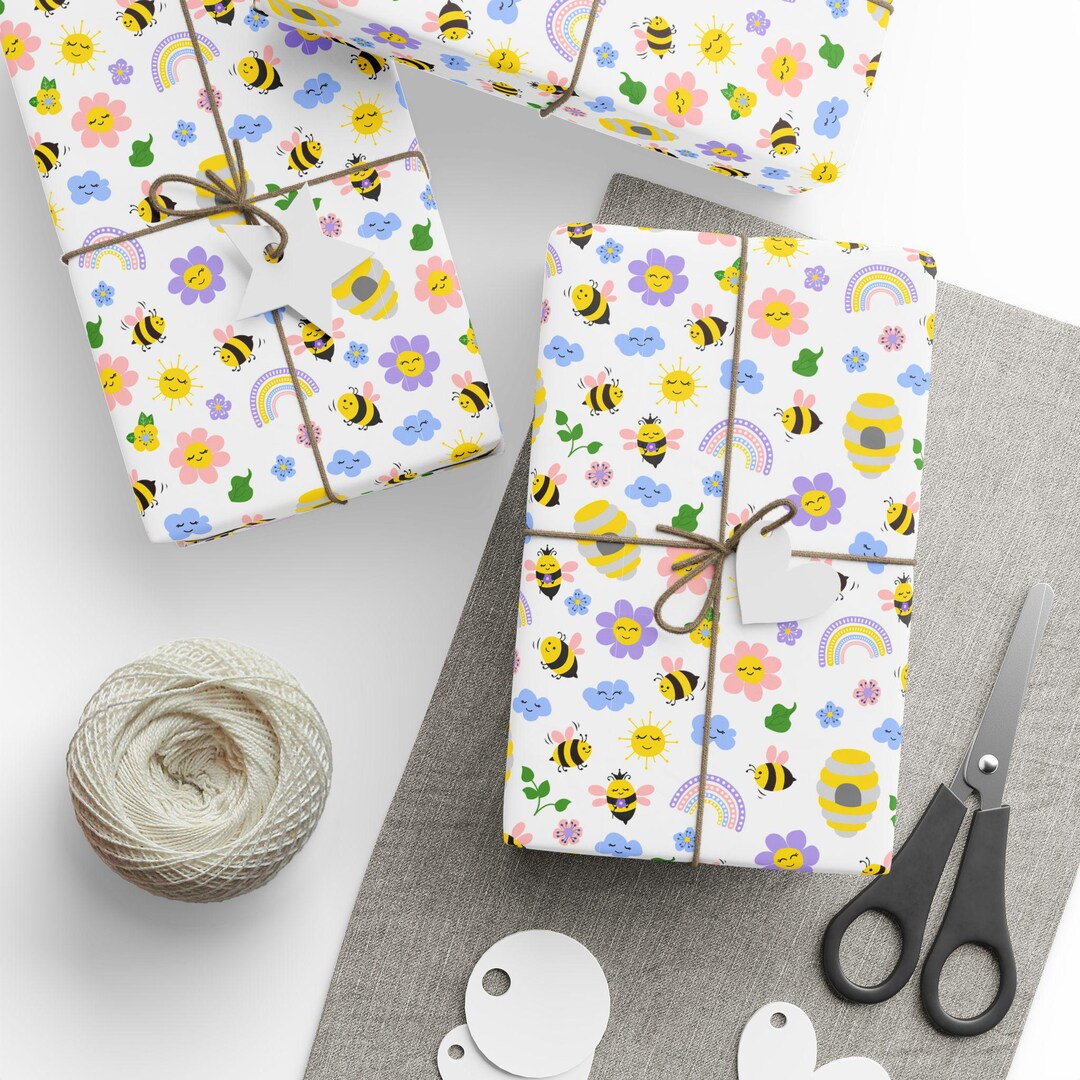 Cute Bumble Bee Wrapping Paper, Floral Wrapping Paper, Eco-friendly ...