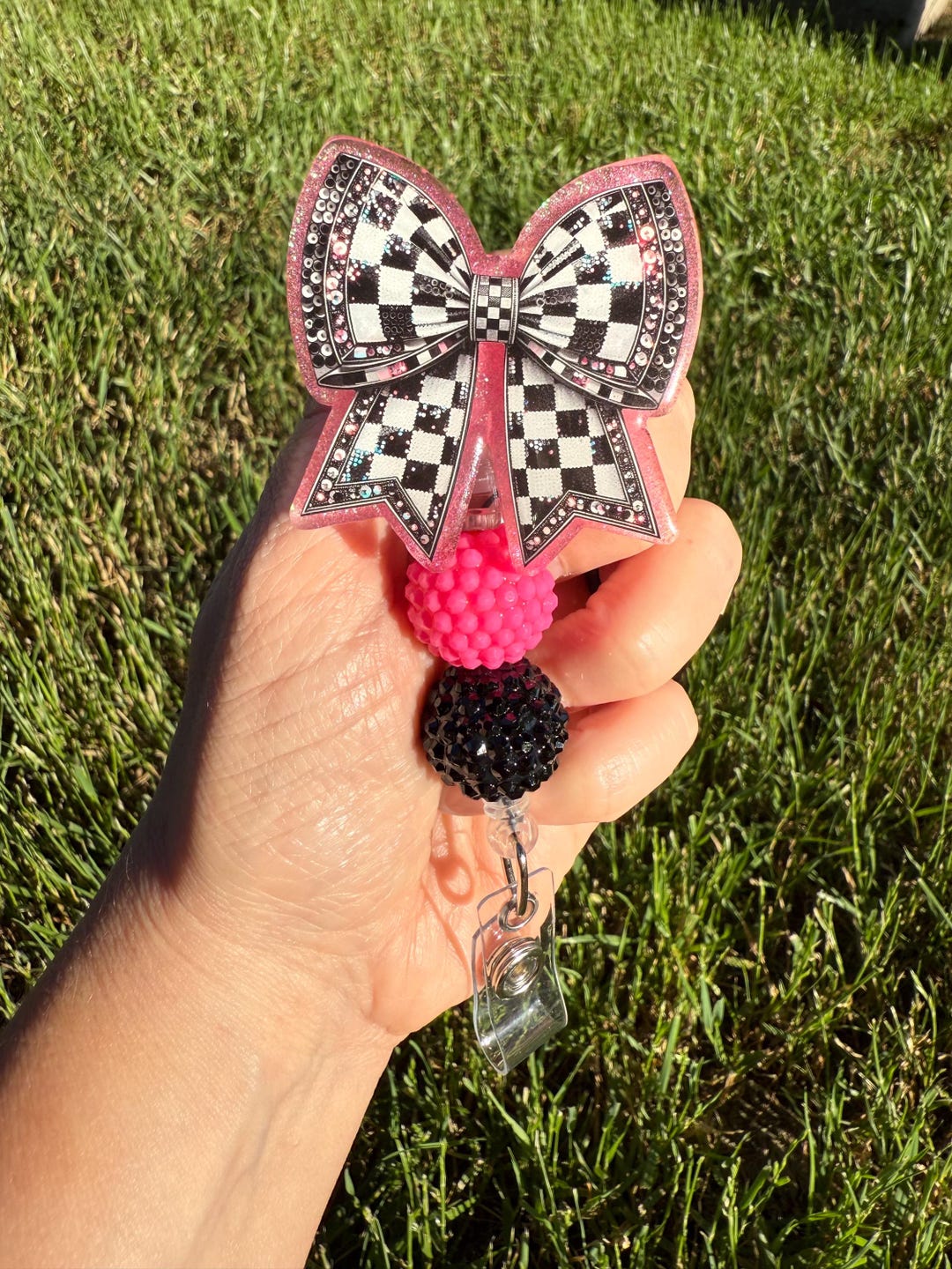 Checkered Bow Badge Reel – Hot Pink & Black Glitter ID Holder ...