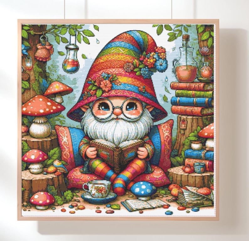 Rainbow Gnome Cross Stitch Pattern – Cozy Reading Forest Scene ...