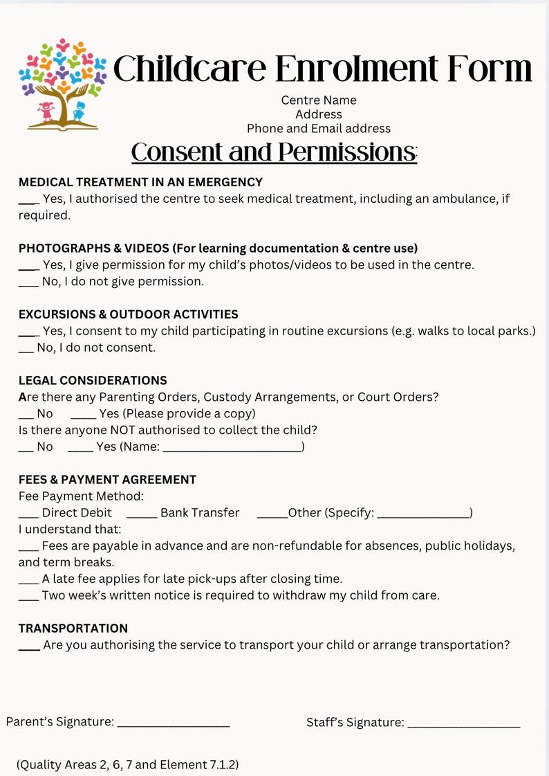 Customizable Childcare/school Enrolment Form, Enrolment Form, Childcare ...