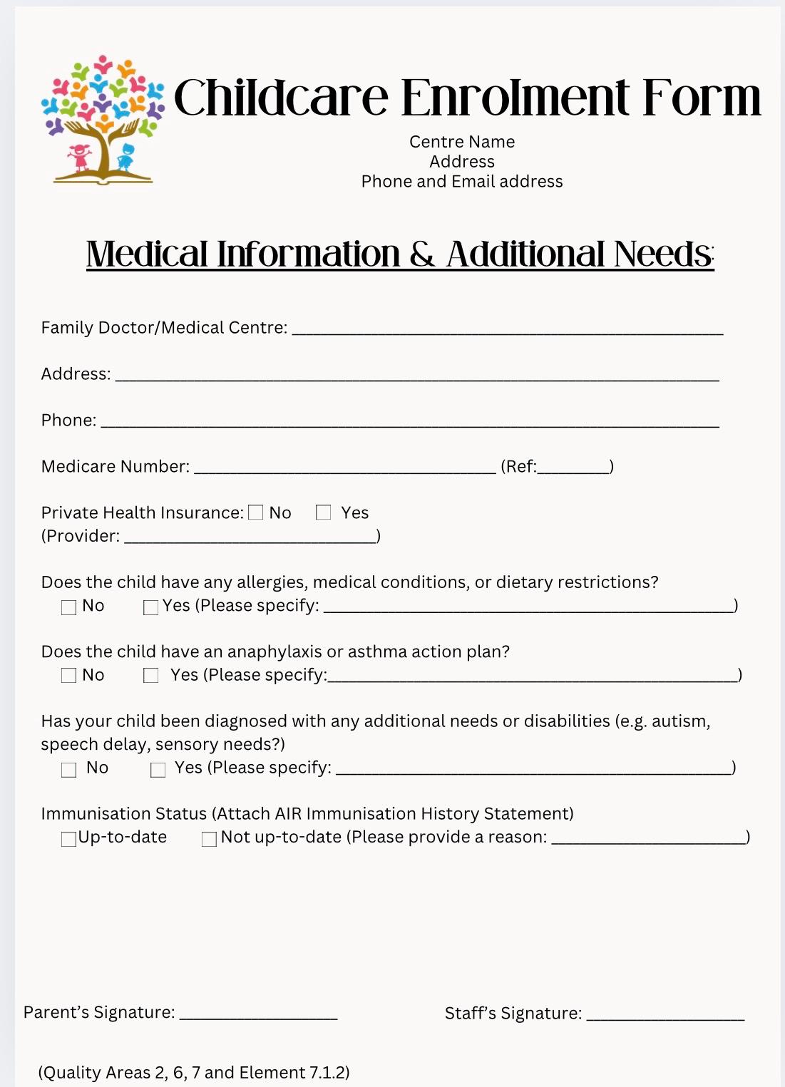 Customizable Childcare/school Enrolment Form, Enrolment Form, Childcare ...