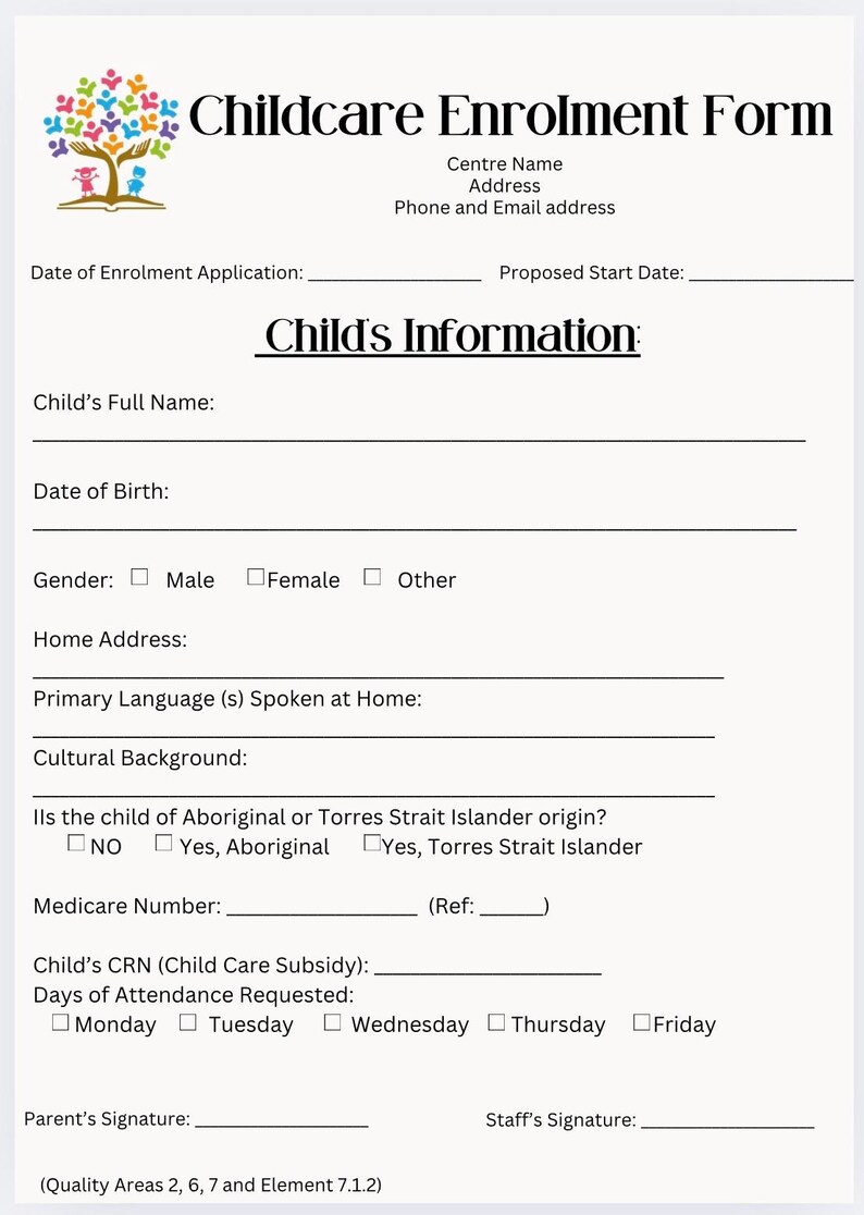 Customizable Childcare/school Enrolment Form, Enrolment Form, Childcare ...