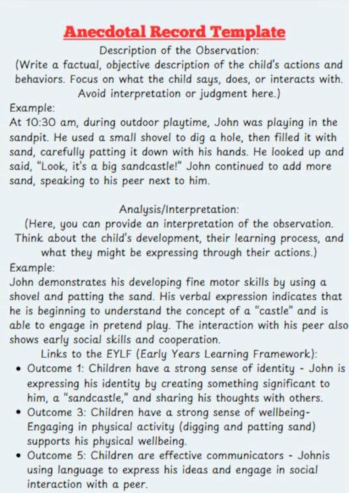 Anecdotal Record Template With Procedure on How to Do It, NQS, EYLF, Childcare, Preschool, Forms ...